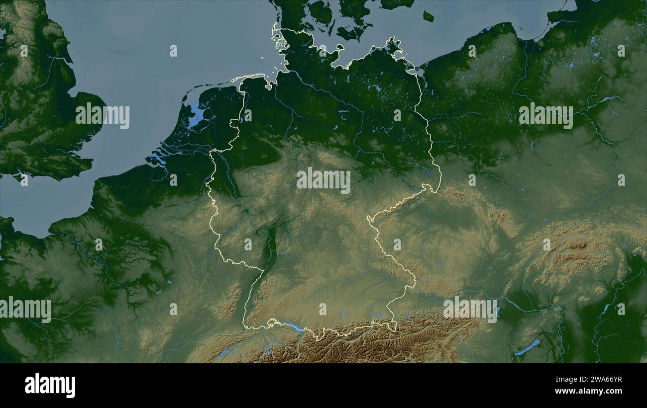 Germany outlined on a Colored elevation map with lakes and rivers Stock Photo - Alamy