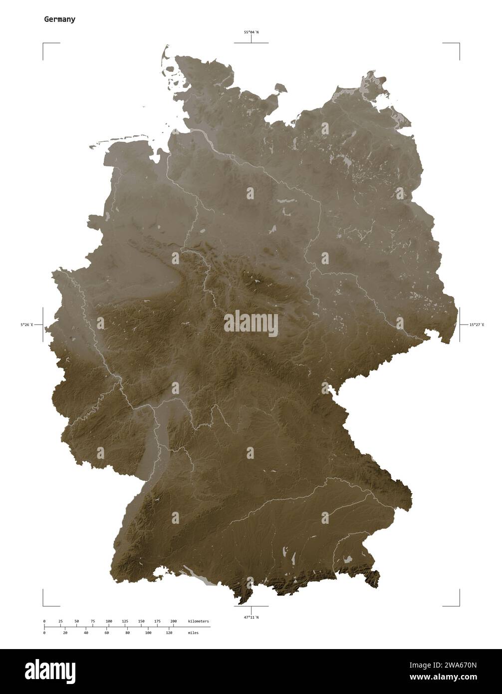 Shape of a elevation map colored in sepia tones with lakes and rivers ...