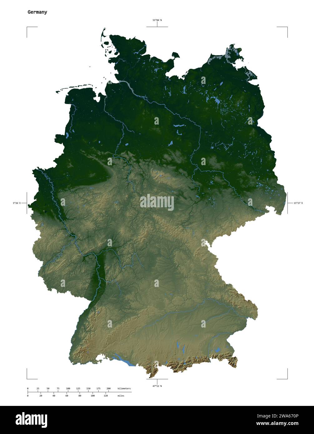 Shape of a Colored elevation map with lakes and rivers of the Germany ...