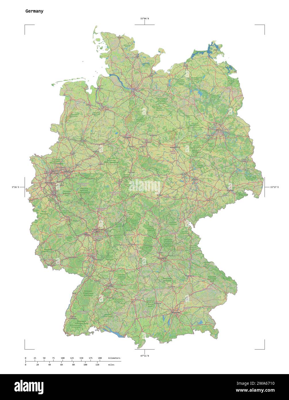 Shape of a topographic, OSM standard style map of the Germany, with distance scale and map ...