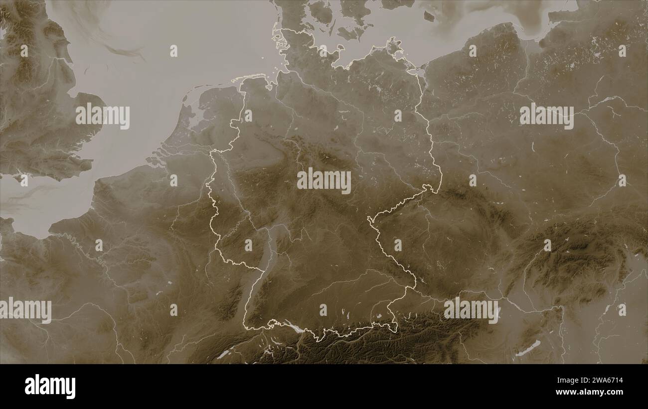 Germany outlined on a elevation map colored in sepia tones with lakes ...