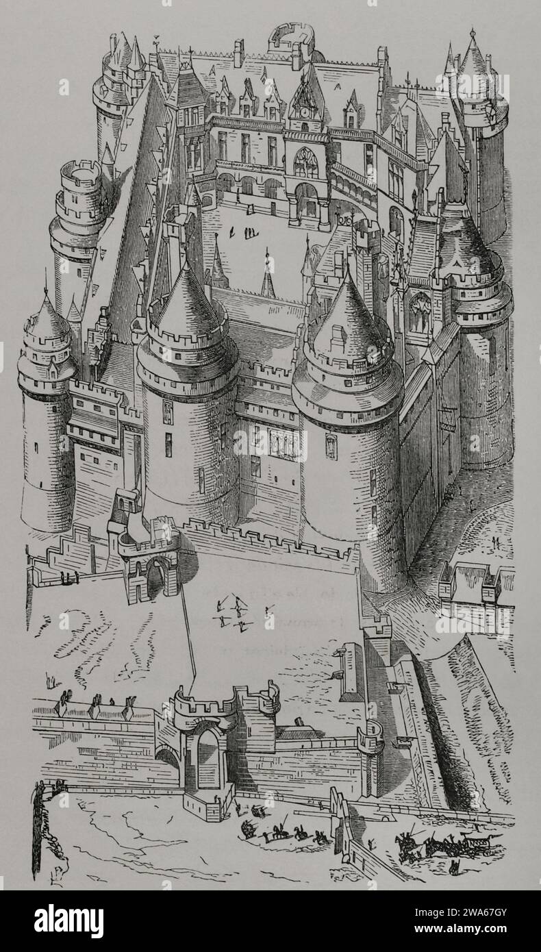 France. Castle of Pierrefonds, dated 1397. View of the castle as it was ...
