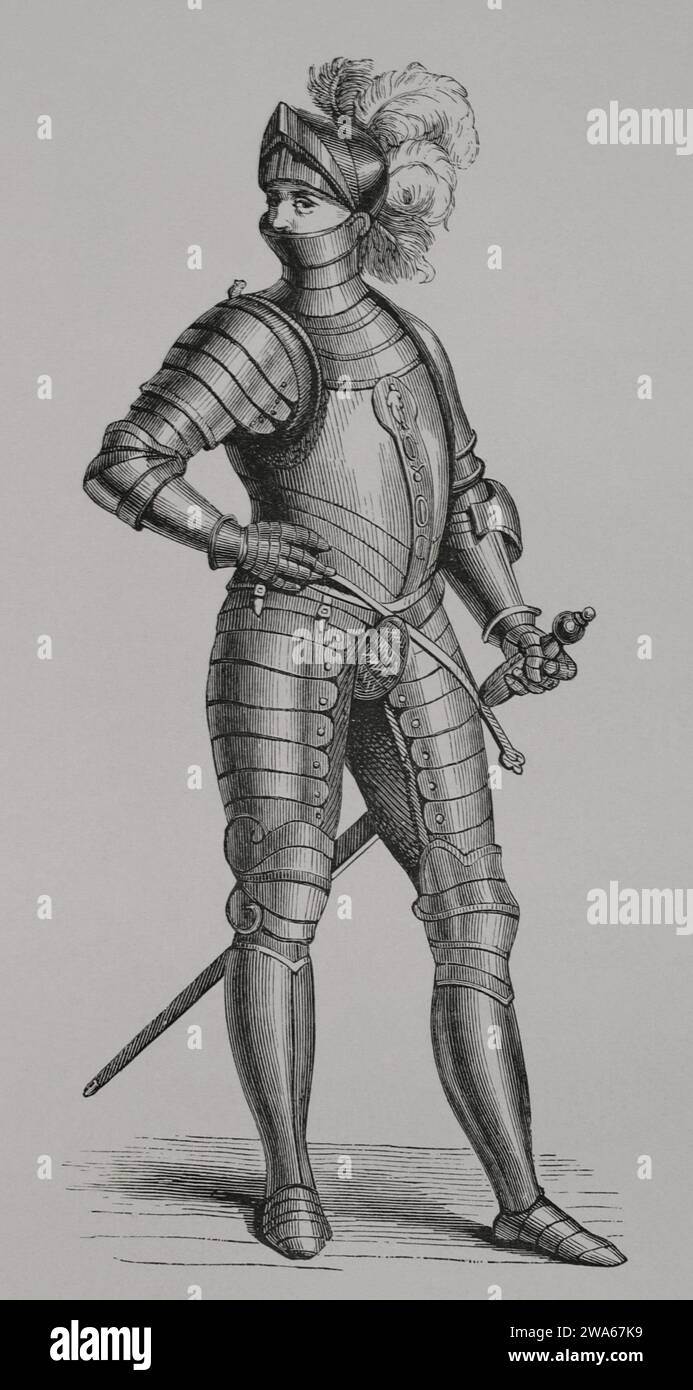 Knight in armour. Engraving from a design by Cesare Vecellio (ca. 1521 ...
