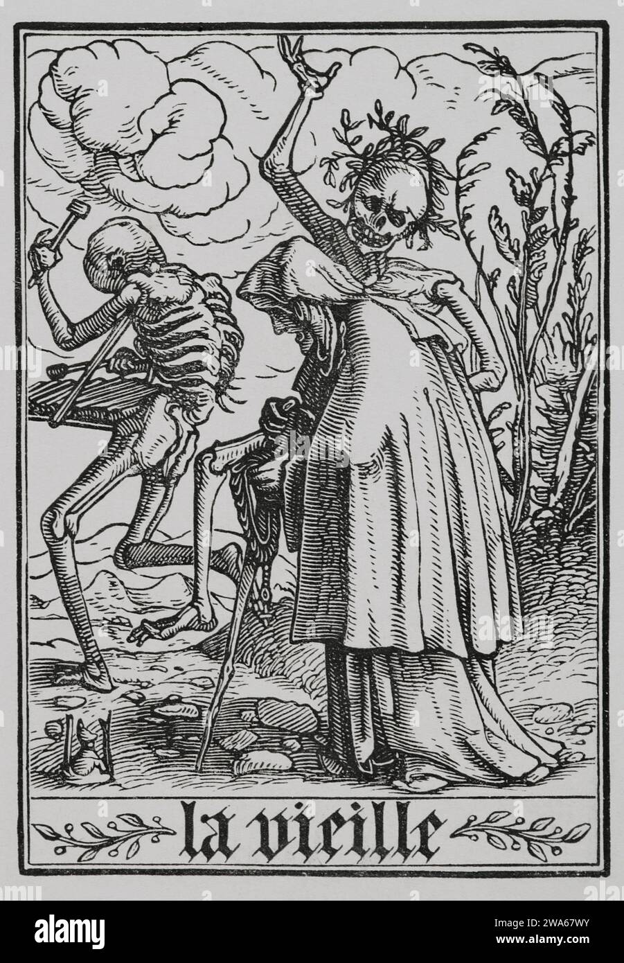 The Old Woman. Death is depicted guiding an old woman who walks with ...