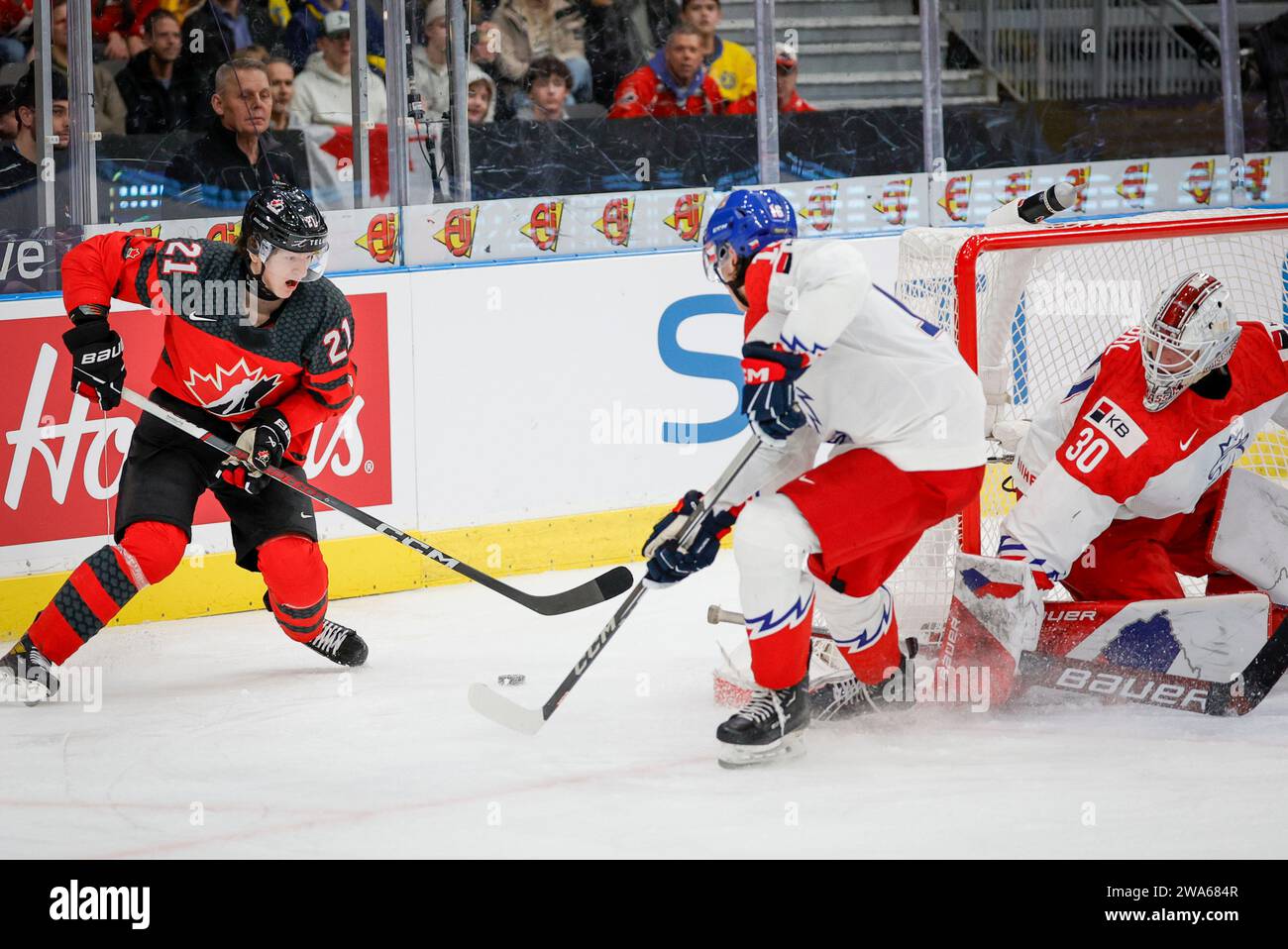 Canada's Owen Allard, left, in action with Czech Republic's Matyas ...