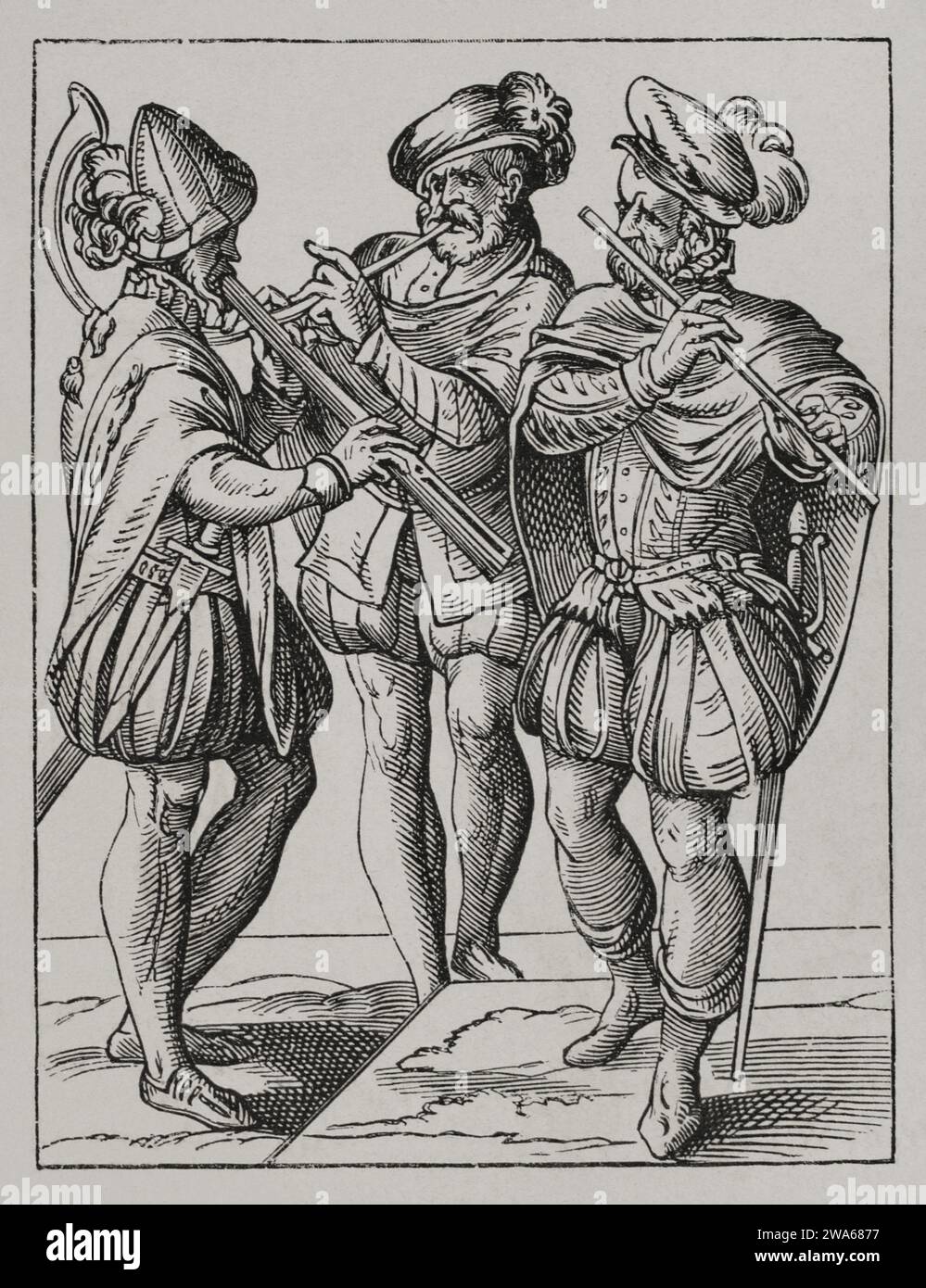 German musicians playing on the flute and goat's horn. Drawing and ...