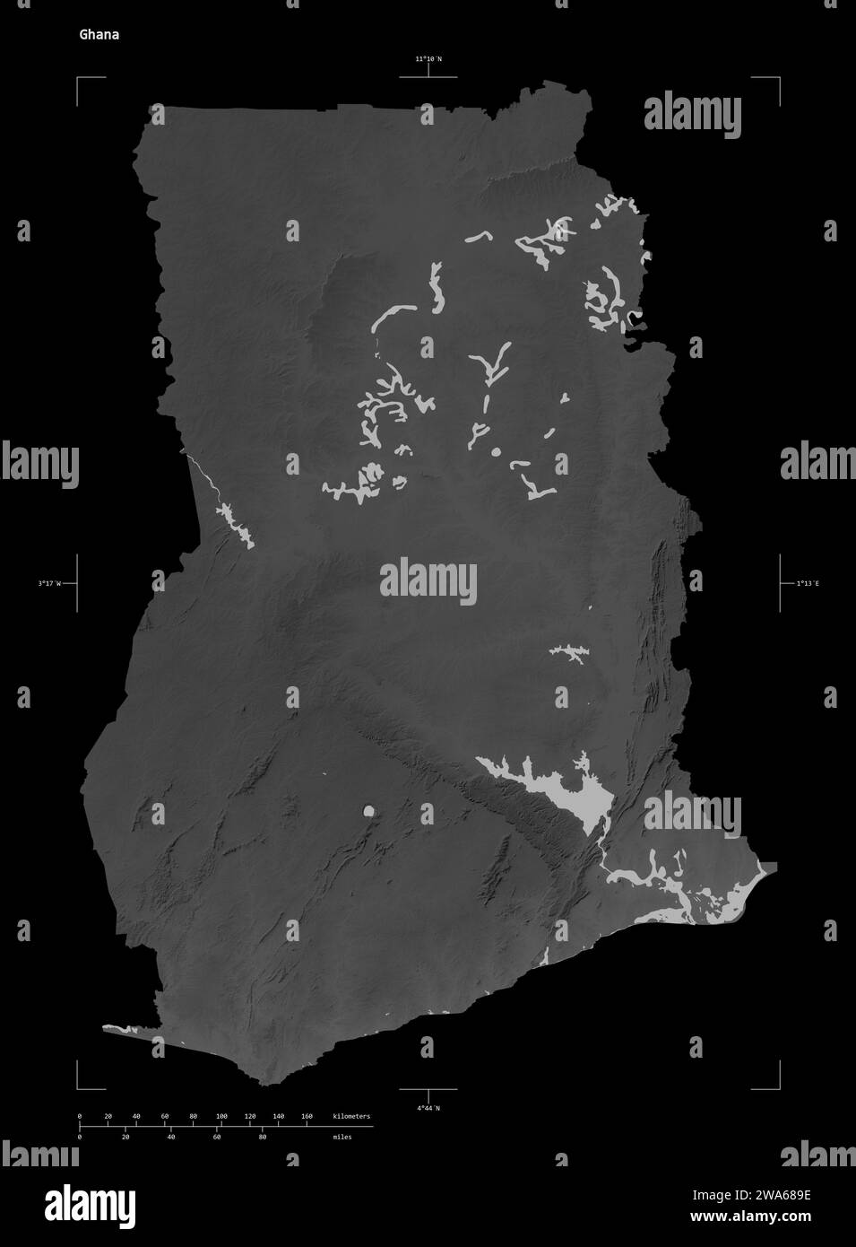 Shape of a Grayscale elevation map with lakes and rivers of the Ghana, with distance scale and ...