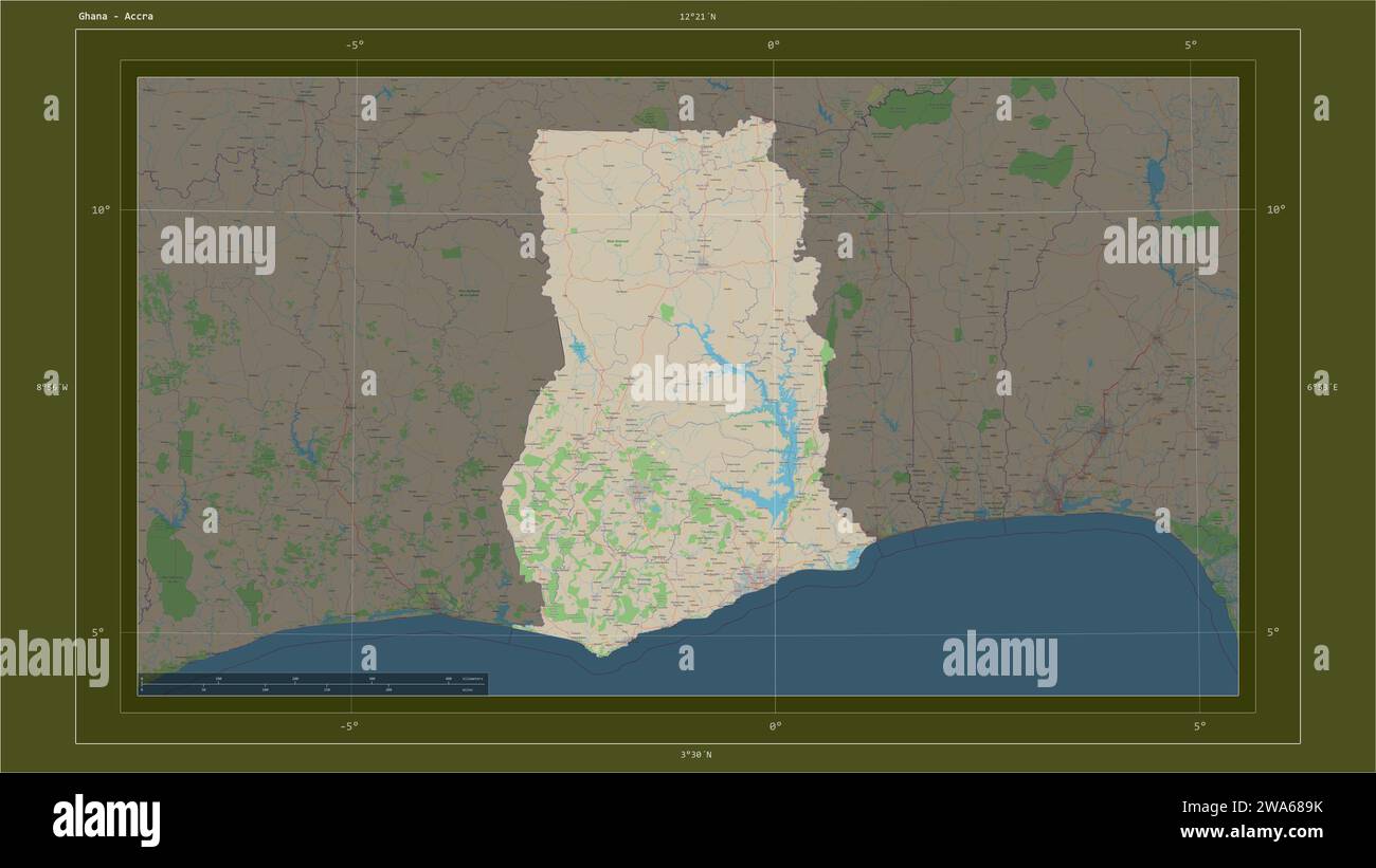 Ghana highlighted on a topographic, OSM standard style map map with the ...