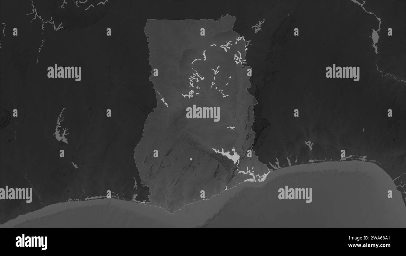Ghana highlighted on a Grayscale elevation map with lakes and rivers ...