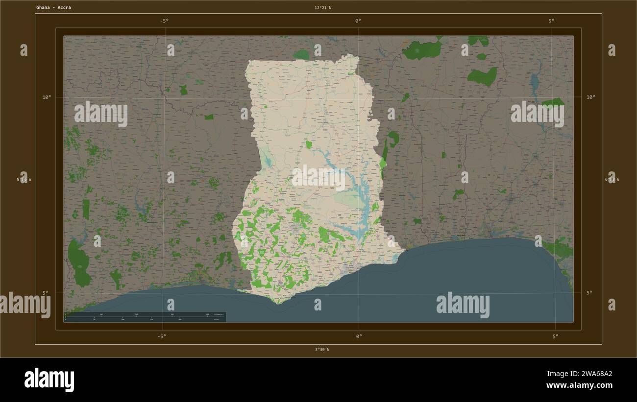 Ghana highlighted on a topographic, OSM France style map map with the ...