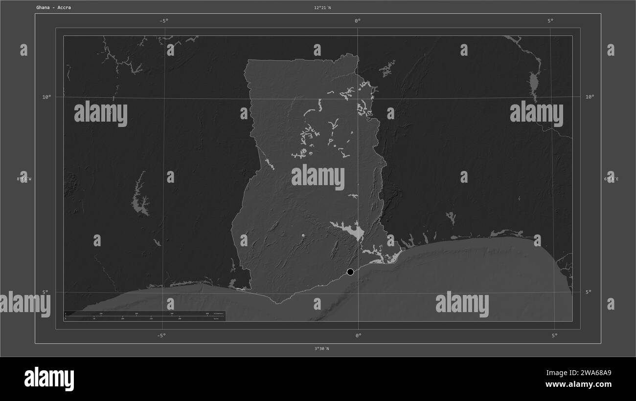 Ghana highlighted on a Bilevel elevation map with lakes and rivers map ...