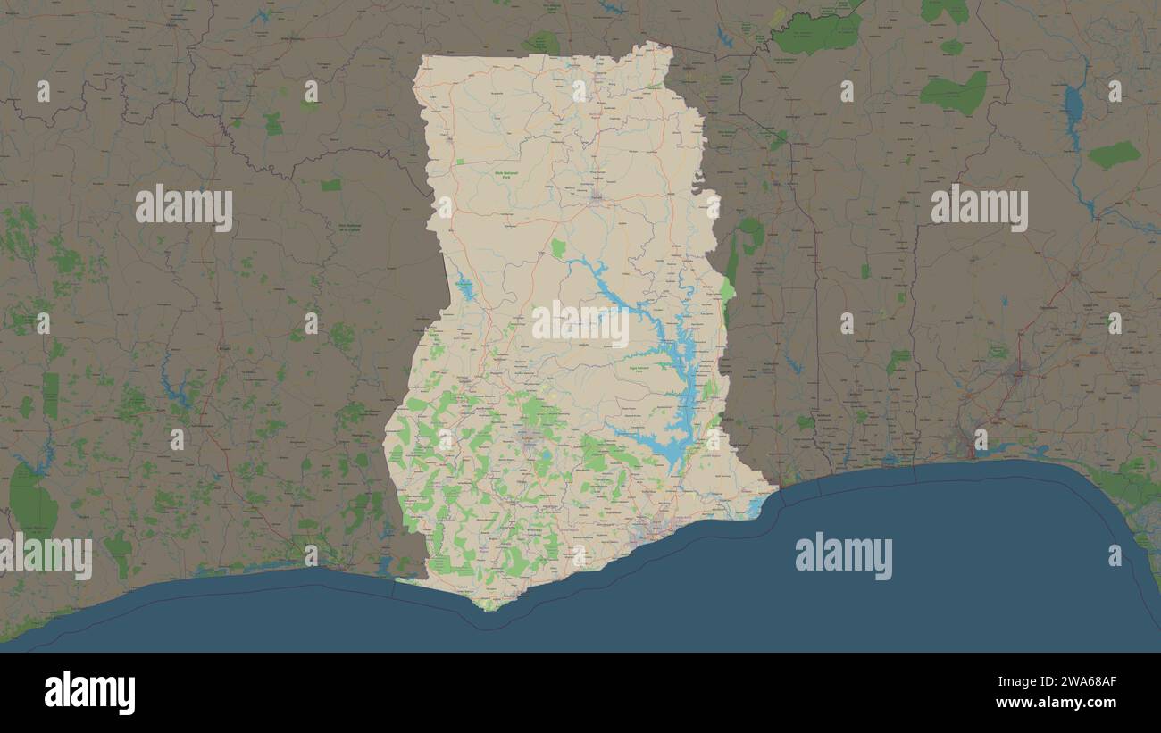 Ghana highlighted on a topographic, OSM standard style map Stock Photo ...