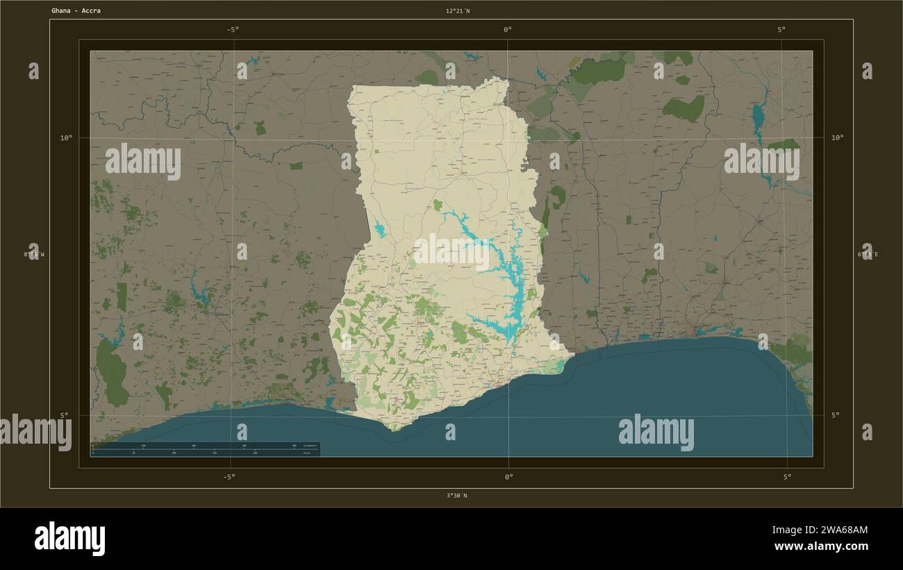 Ghana highlighted on a topographic, OSM Humanitarian style map map with ...