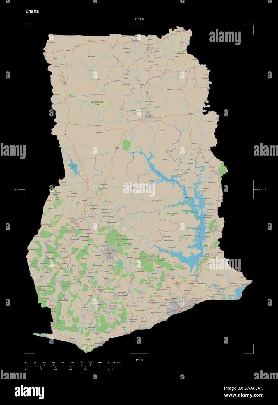 Shape of a topographic, OSM standard style map of the Ghana, with ...