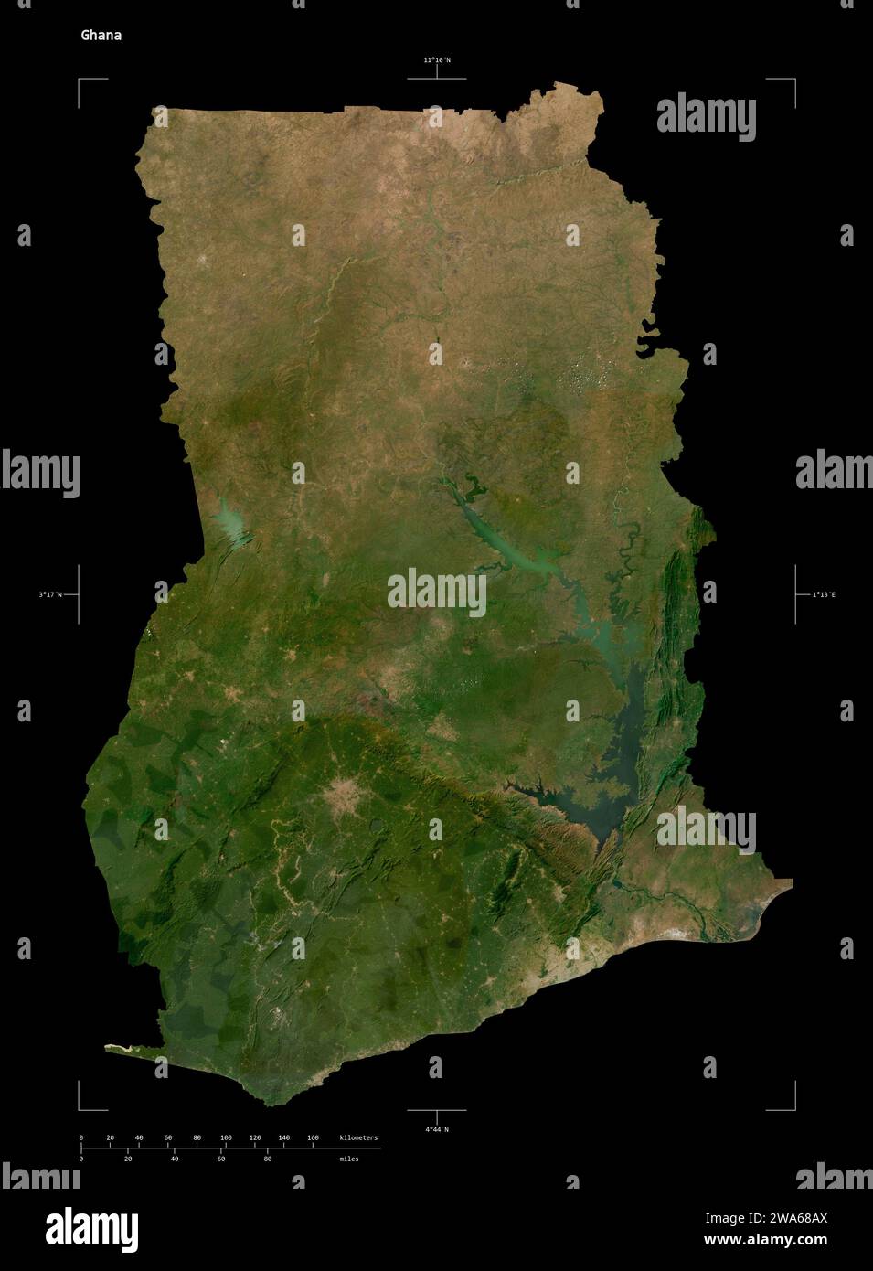 Shape of a low resolution satellite map of the Ghana, with distance ...