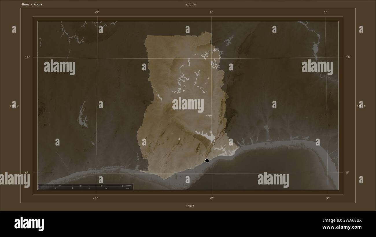 Ghana highlighted on a elevation map colored in sepia tones with lakes ...