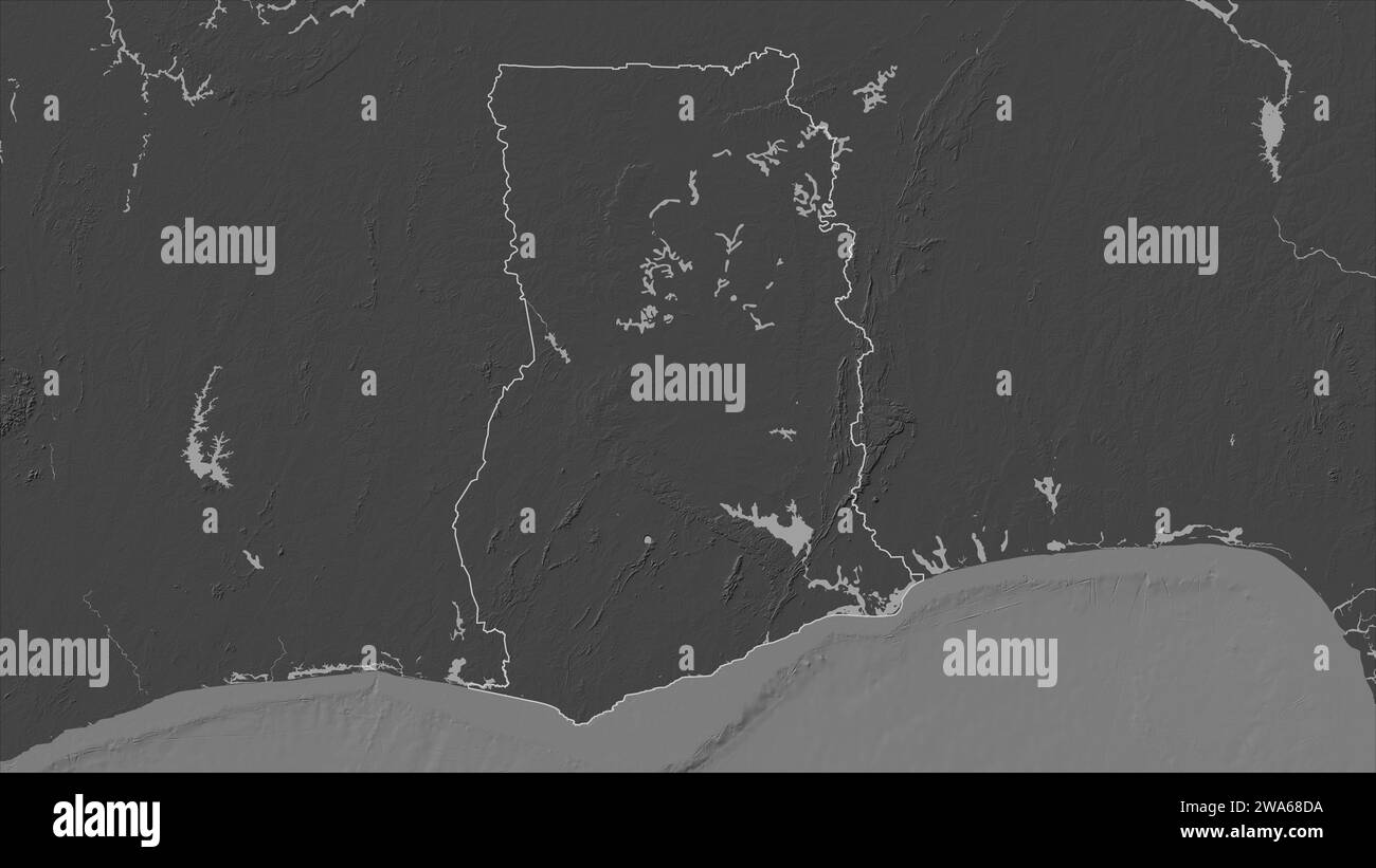 Ghana outlined on a Bilevel elevation map with lakes and rivers Stock ...