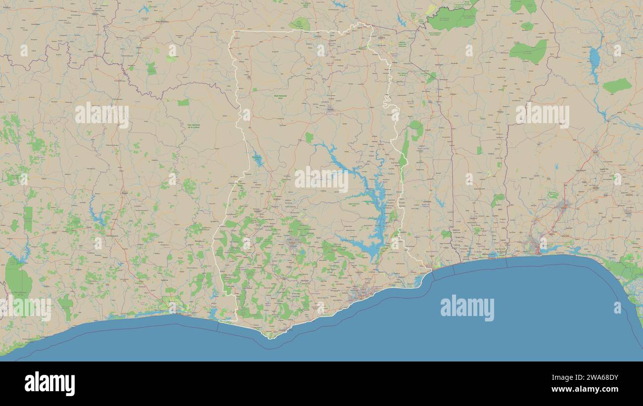 Ghana outlined on a topographic, OSM standard style map Stock Photo - Alamy