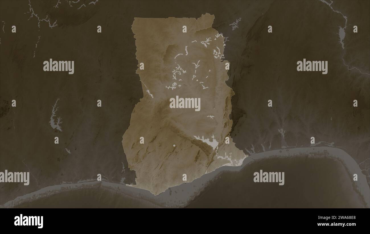 Ghana highlighted on a elevation map colored in sepia tones with lakes ...