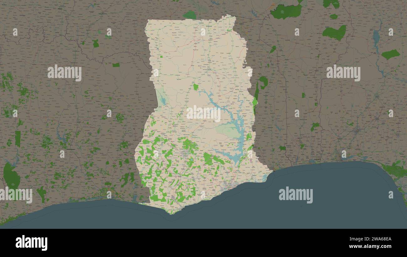 Ghana highlighted on a topographic, OSM France style map Stock Photo ...