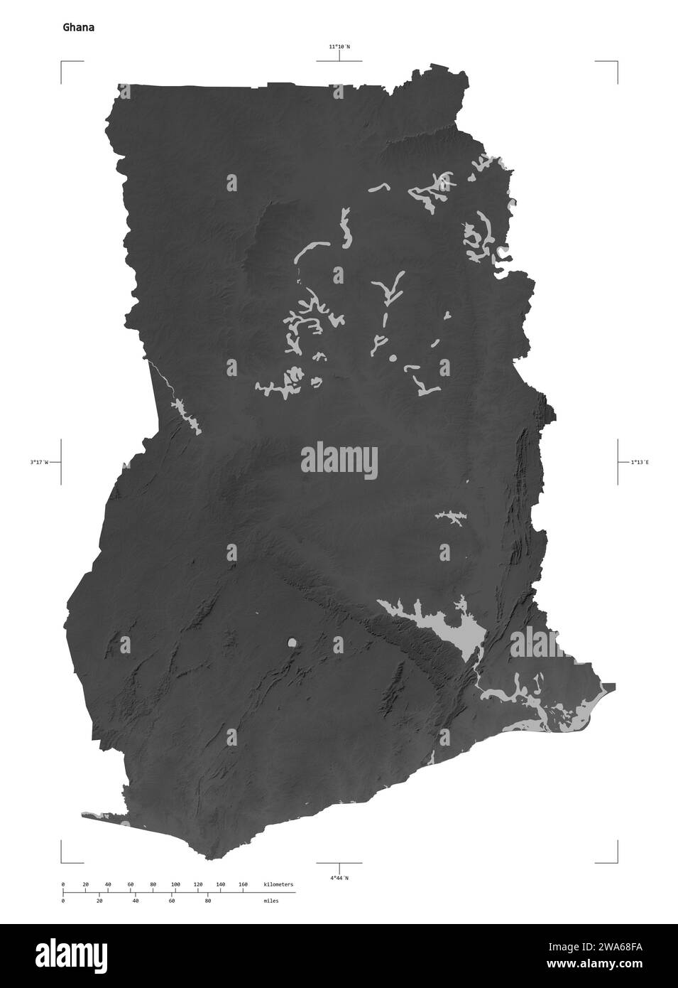 Shape of a Grayscale elevation map with lakes and rivers of the Ghana, with distance scale and ...