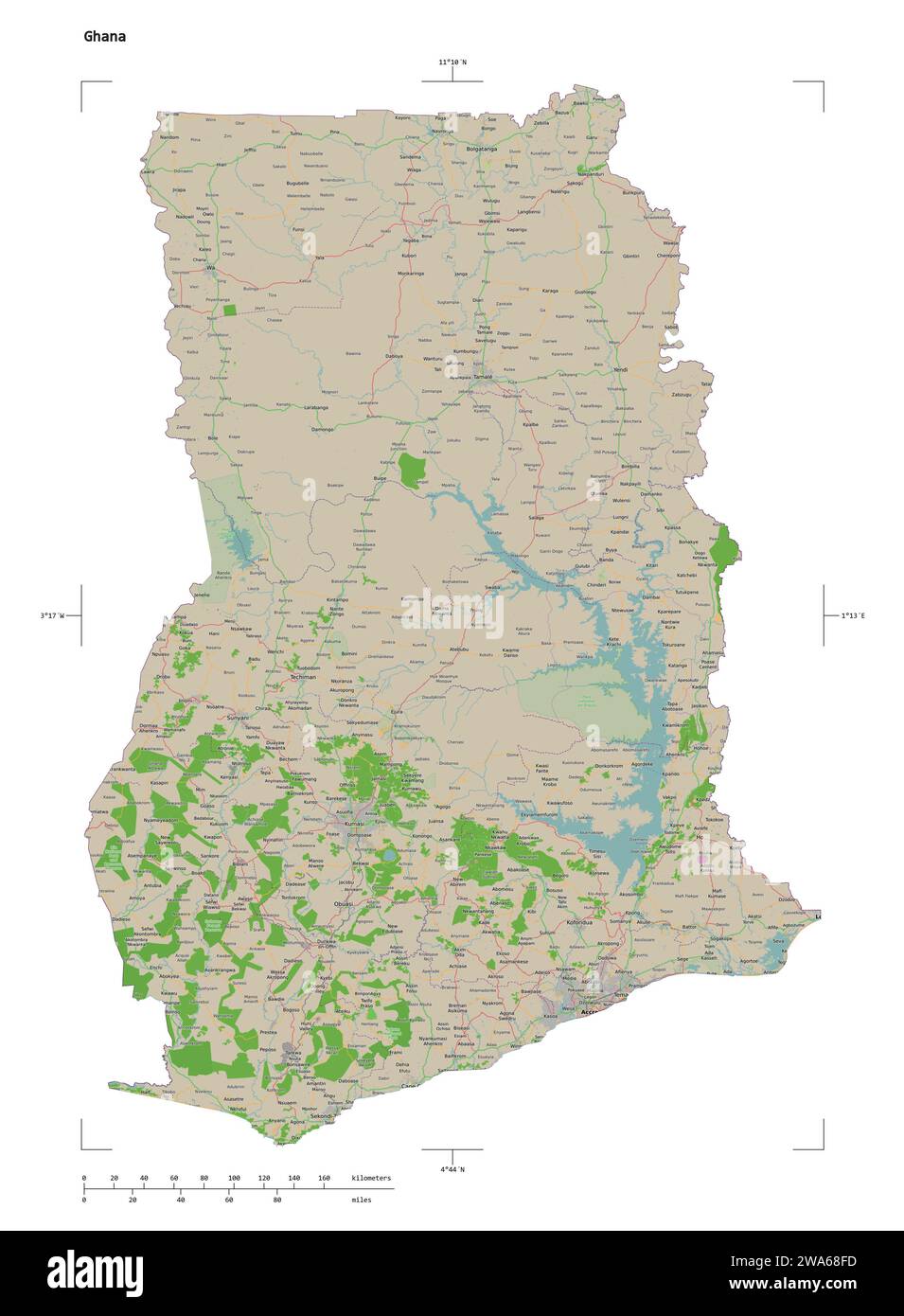 Shape of a topographic, OSM France style map of the Ghana, with ...