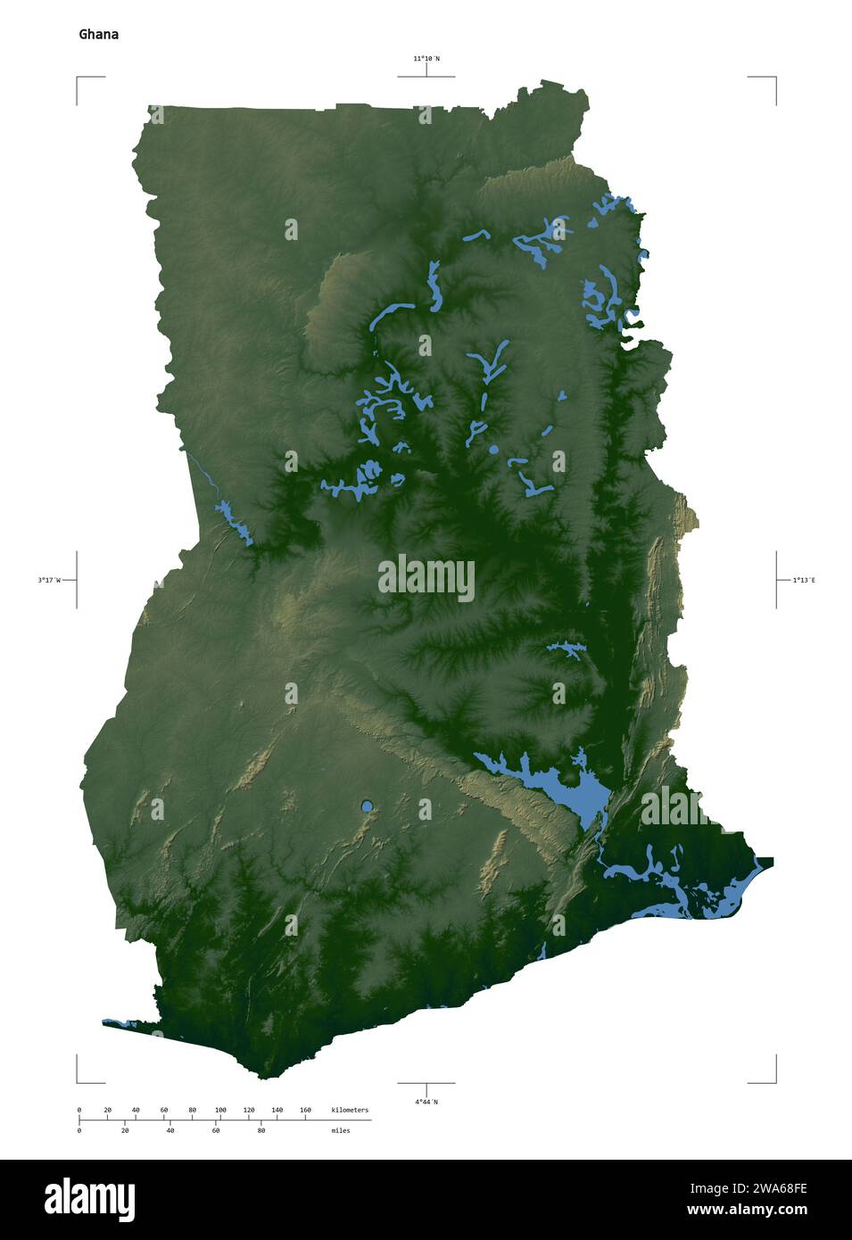 Shape of a Colored elevation map with lakes and rivers of the Ghana, with distance scale and map ...
