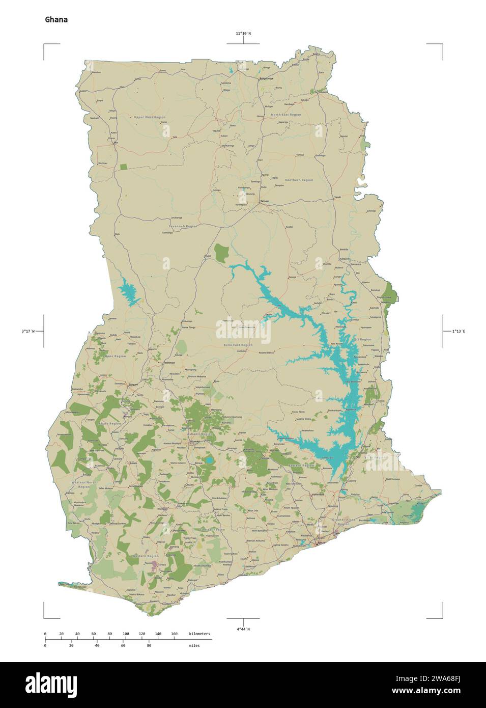 Shape of a topographic, OSM Humanitarian style map of the Ghana, with ...