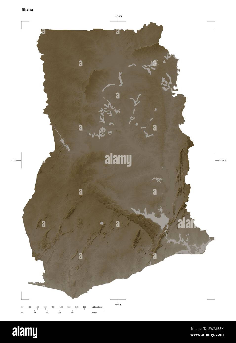 Shape of a elevation map colored in sepia tones with lakes and rivers ...