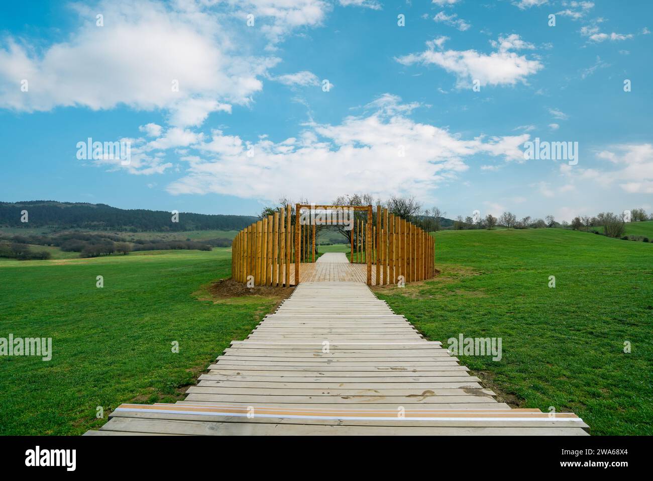 Green meadow with wooden walkway and wooden circular landscape. Fairy ...