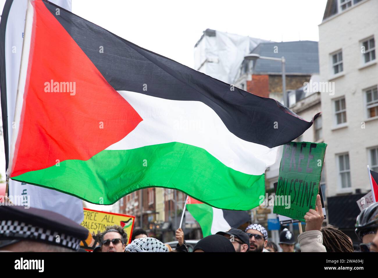 Pro-Palestinian protesters gather with flags and placards during a ...