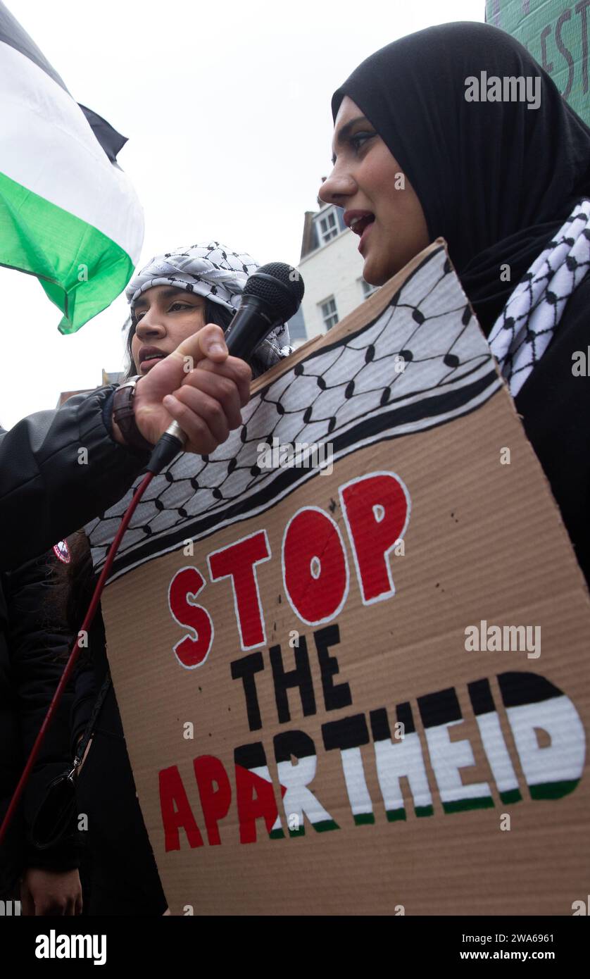 Pro-Palestinian protesters gather with flags and placards during a ...