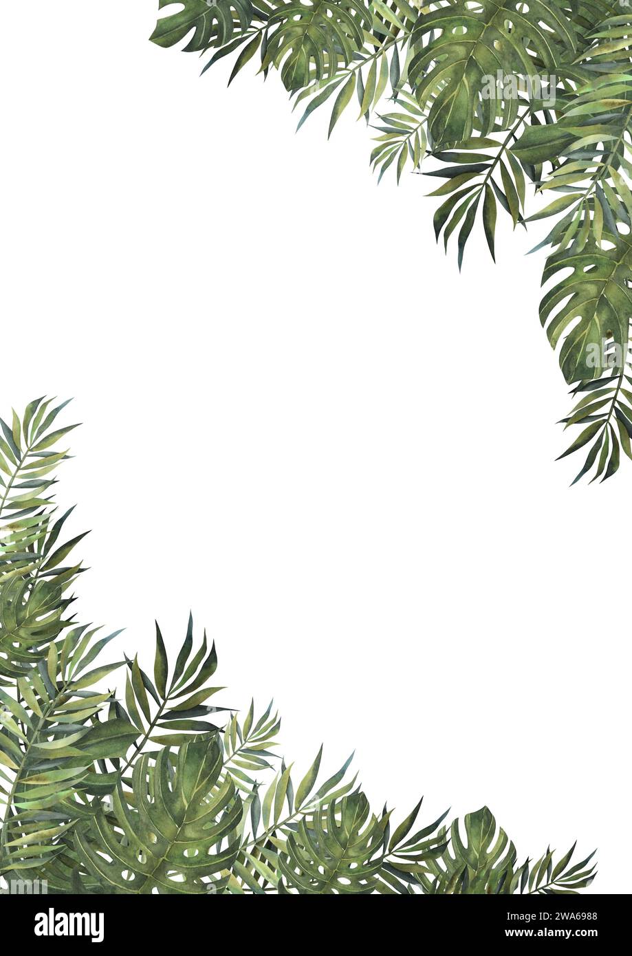 Watercolor invitation cards with branches wreath and corners border ...