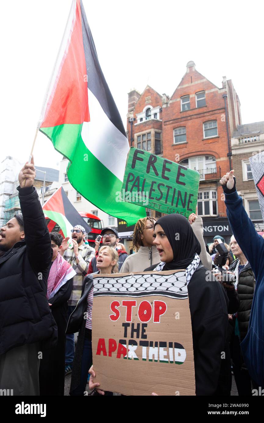 Pro-Palestinian protesters gather with flags and placards during a ...