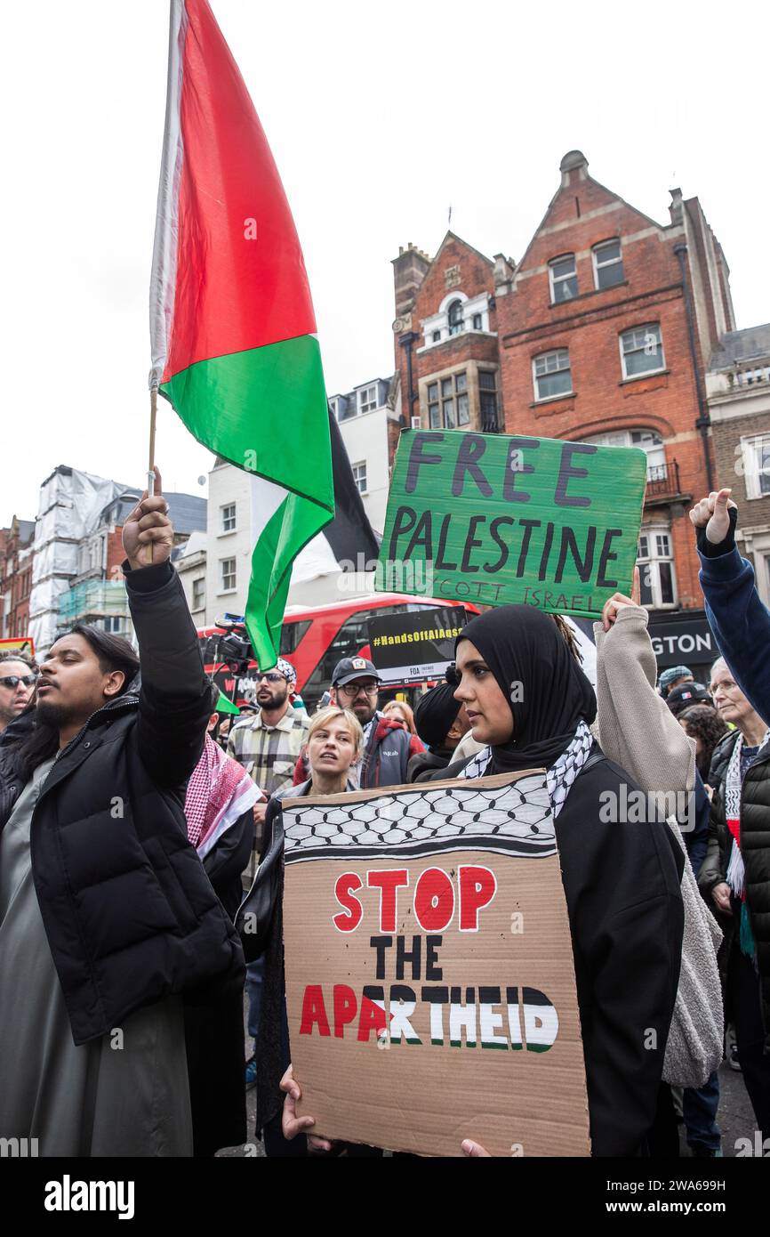 Pro-Palestinian protesters gather with flags and placards during a ...