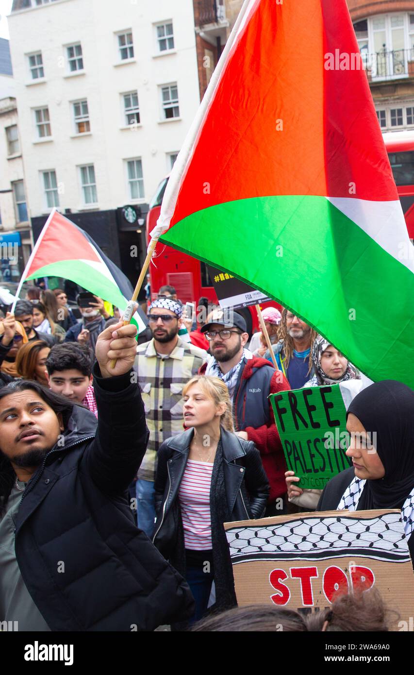 Pro-Palestinian protesters gather with flags and placards during a ...