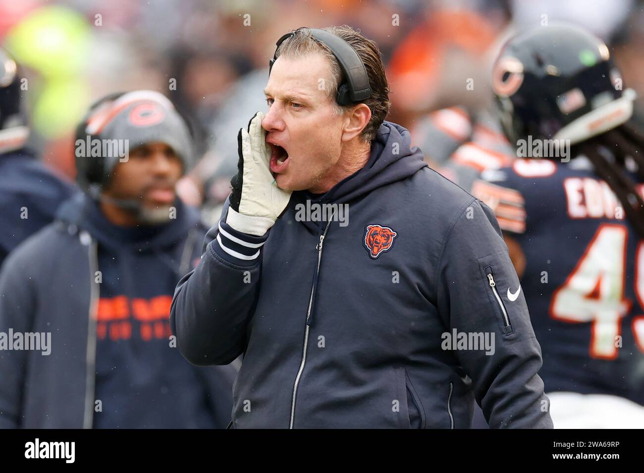 Chicago Bears head coach Matt Eberflus yells to his team during the ...