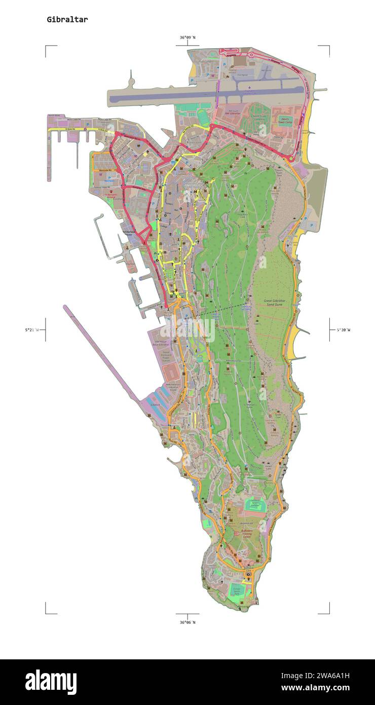 Shape of a topographic, OSM Germany style map of the Gibraltar, with distance scale and map ...