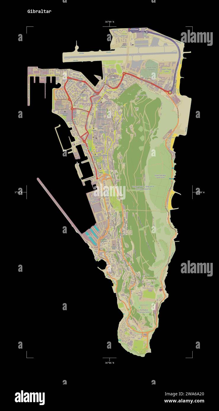 Shape of a topographic, OSM Humanitarian style map of the Gibraltar ...