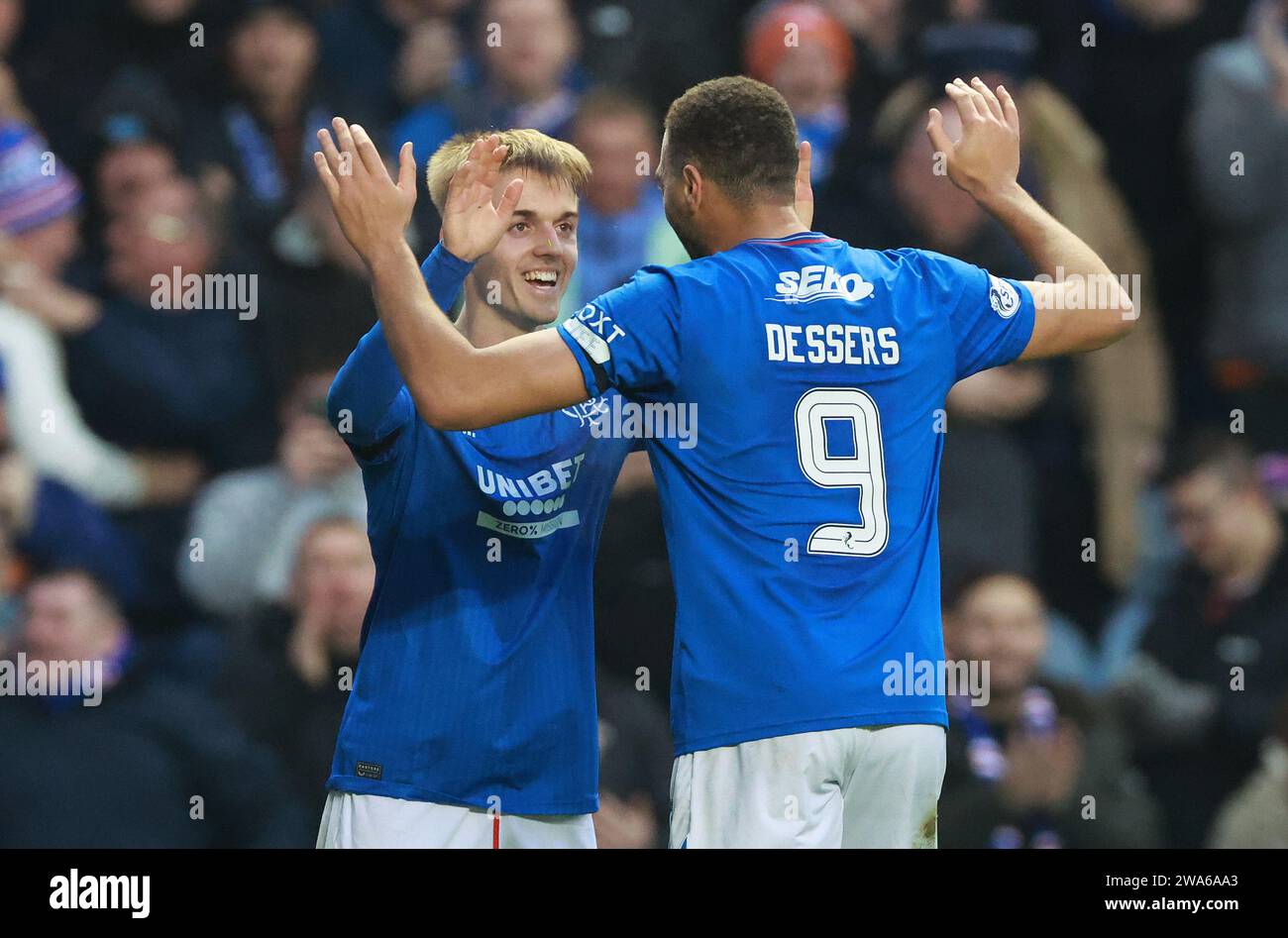 Rangers' Ross McCausland (left) celebrates with Cyriel Dessers after ...