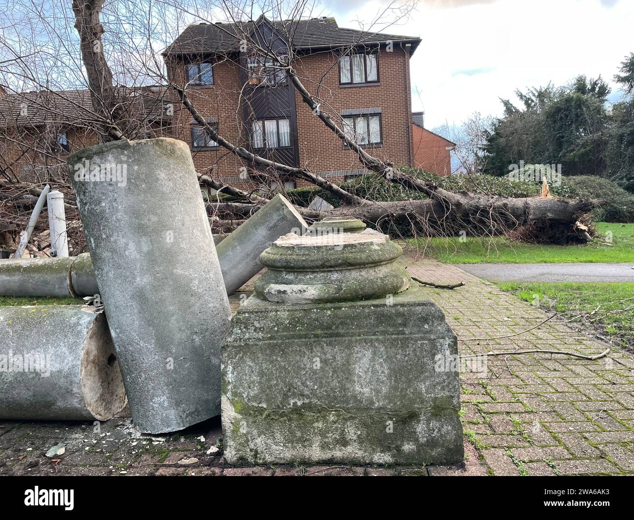 A tree blown over by the wind and crashed into the portico, knocking it ...