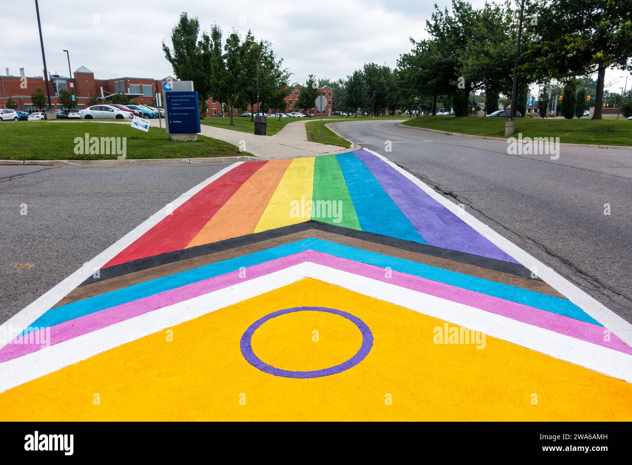 Rainbow colored road crossing inside university campus Stock Photo - Alamy