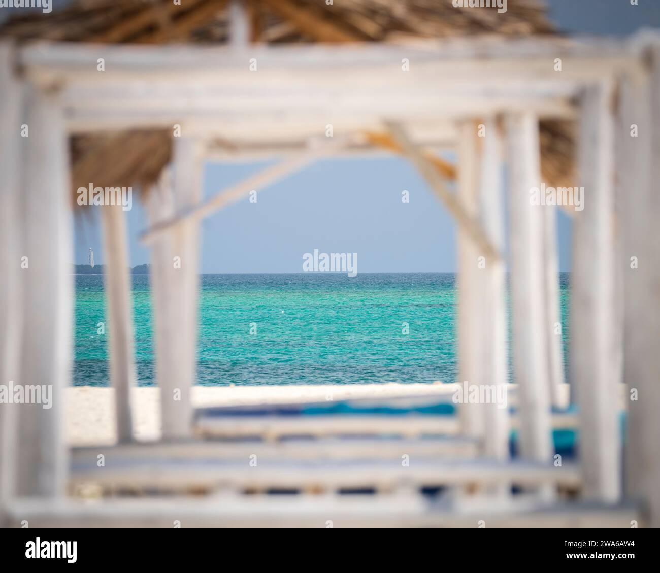 Seascape view background from wooden frame on the beach, summer concept ...