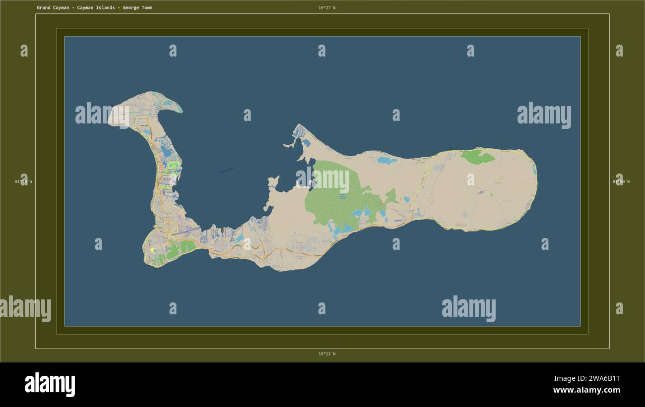Grand Cayman - Cayman Islands highlighted on a topographic, OSM standard style map map with the ...