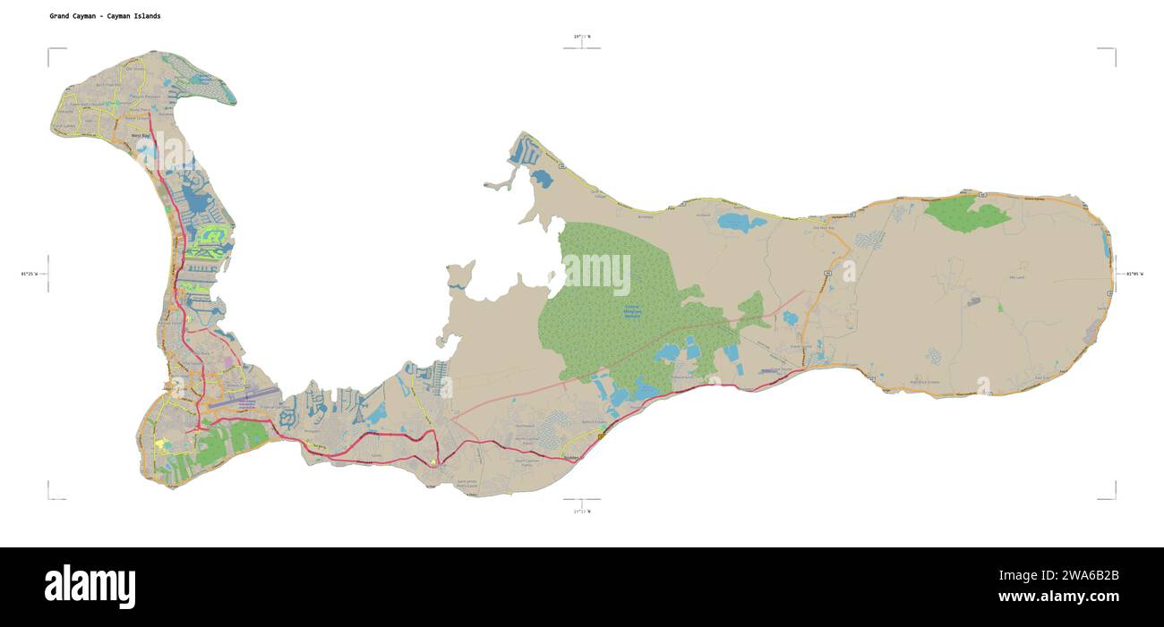 Shape of a topographic, OSM Germany style map of the Grand Cayman - Cayman Islands, with ...
