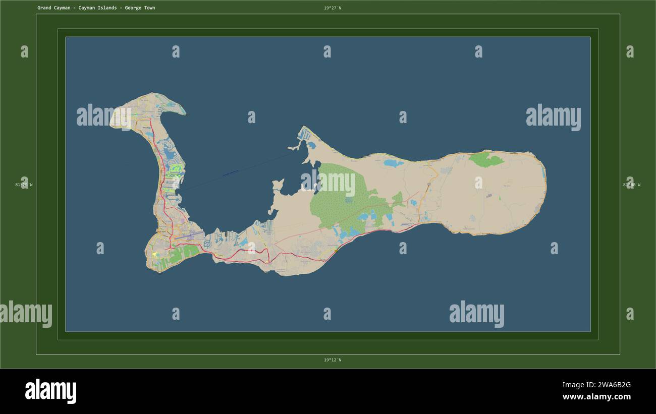 Grand Cayman - Cayman Islands highlighted on a topographic, OSM Germany style map map with the ...