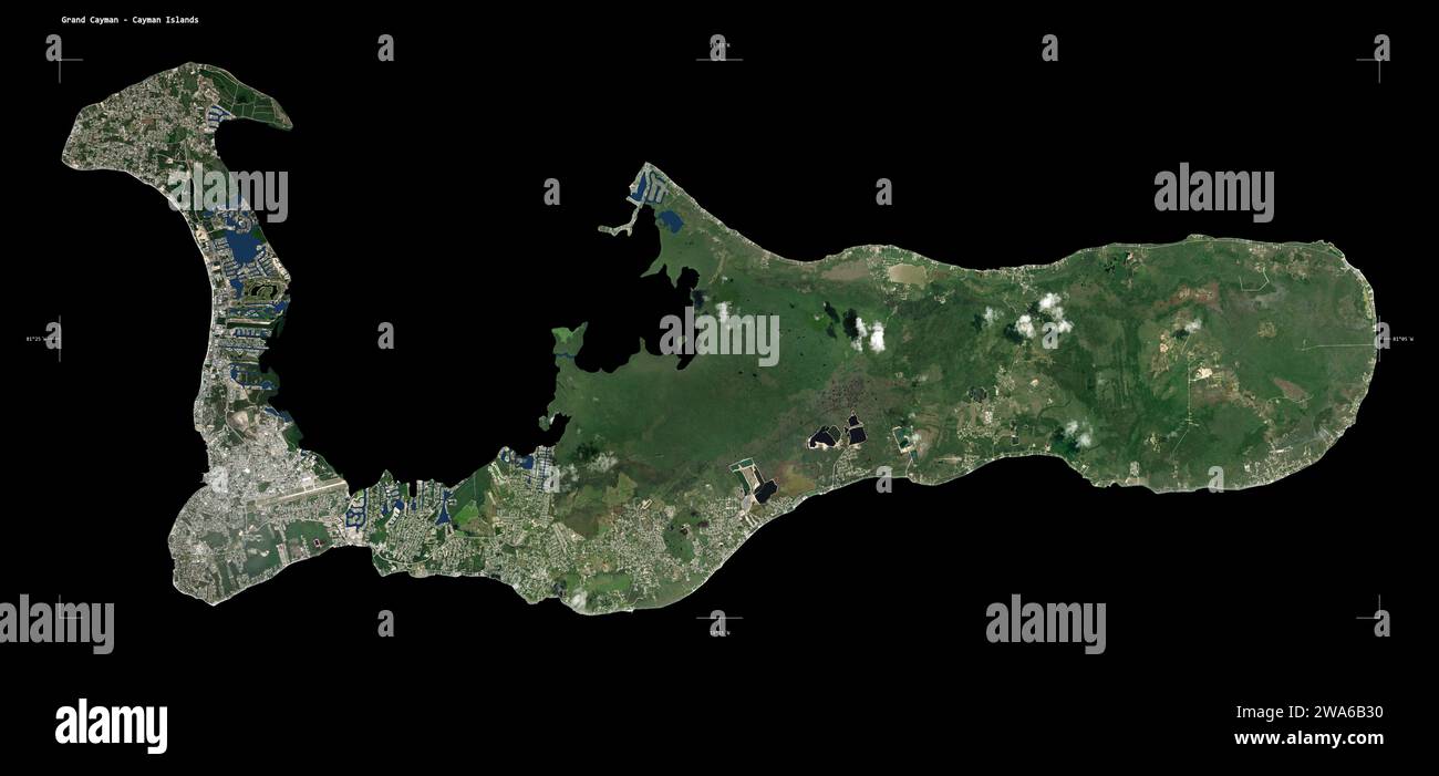 Shape of a low resolution satellite map of the Grand Cayman - Cayman Islands, with distance ...