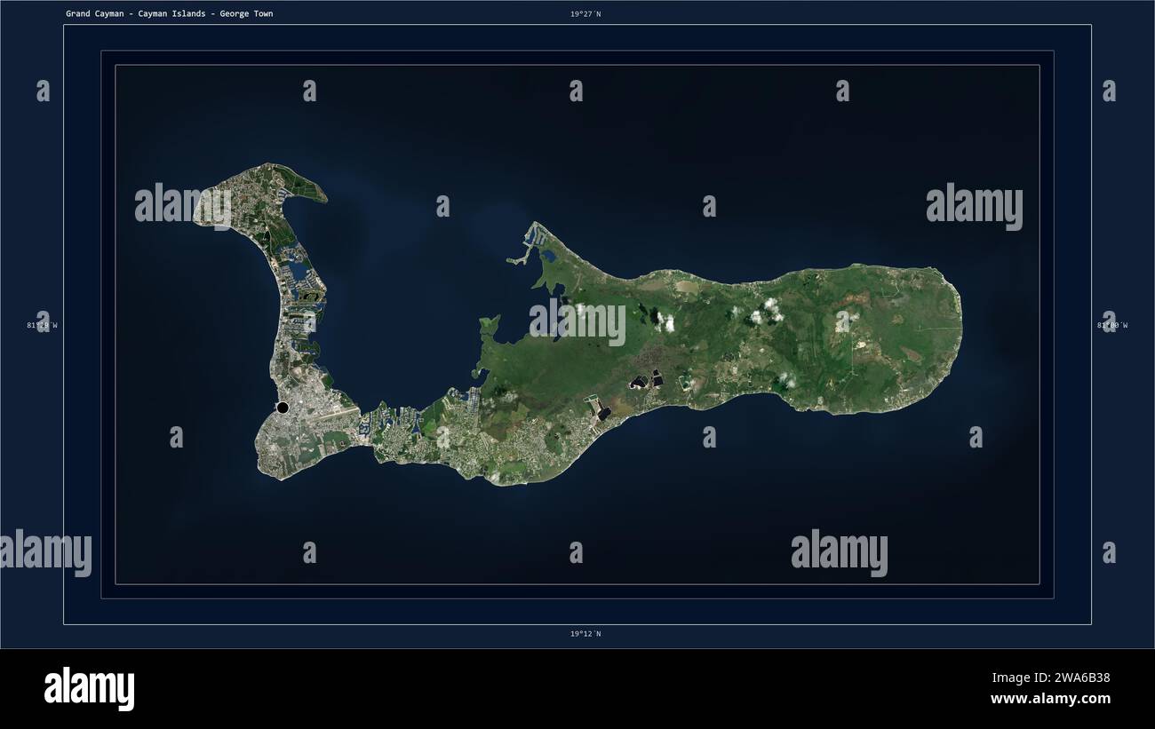 Grand Cayman - Cayman Islands highlighted on a low resolution satellite map map with the country ...