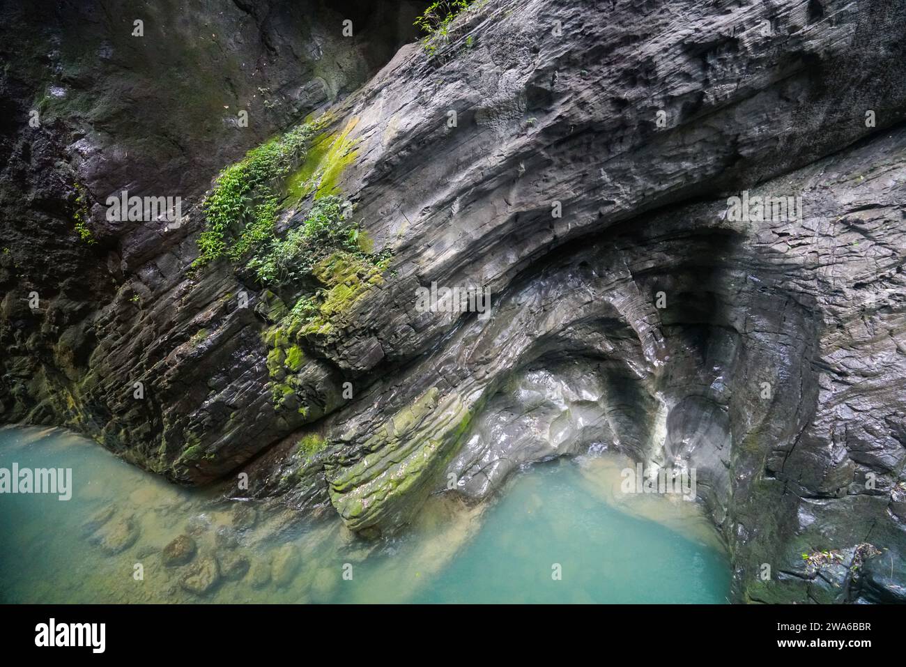 Karst terrain features. There are fast streams and small pools in the ...