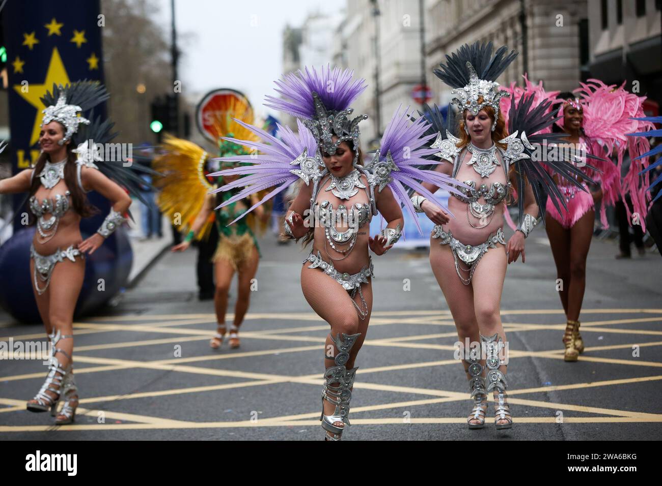 London, UK. 01st Jan, 2024. Performers from London School of Samba during the annual London New ...